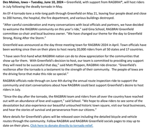 Greenfield will still host large bike event despite May tornado « KJAN | Radio Atlantic, IA – AM ...